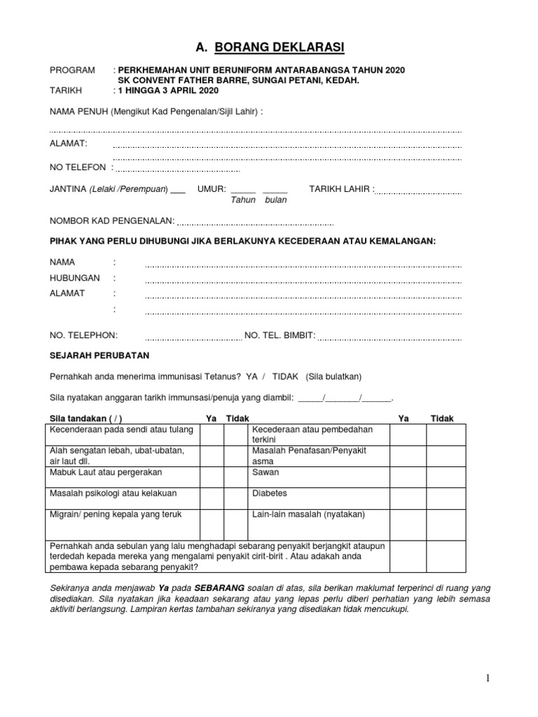 Borang Deklarasi Murid Perkhemahan | PDF