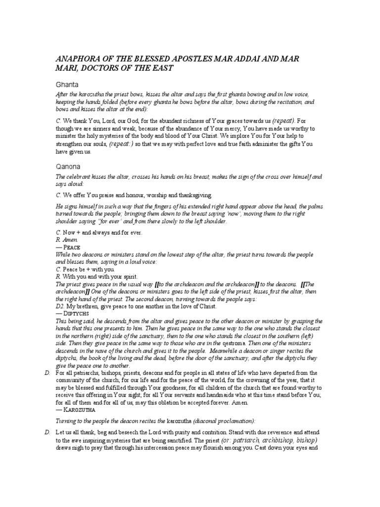 Anaphora of The Blessed Apostles Mar Addai and Mar Mari | PDF | Deacon ...