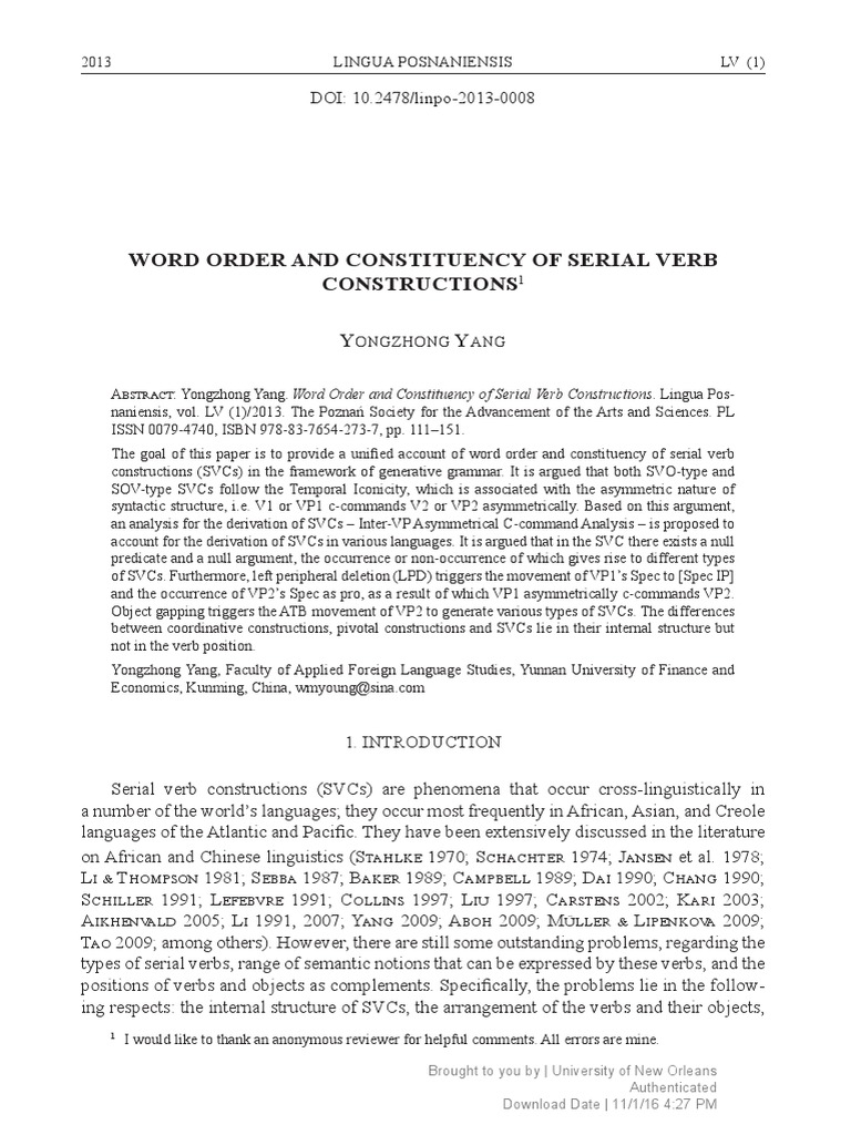 Word Order and Constituency of Serial Verb Constructions: Ongzhong ANG ...