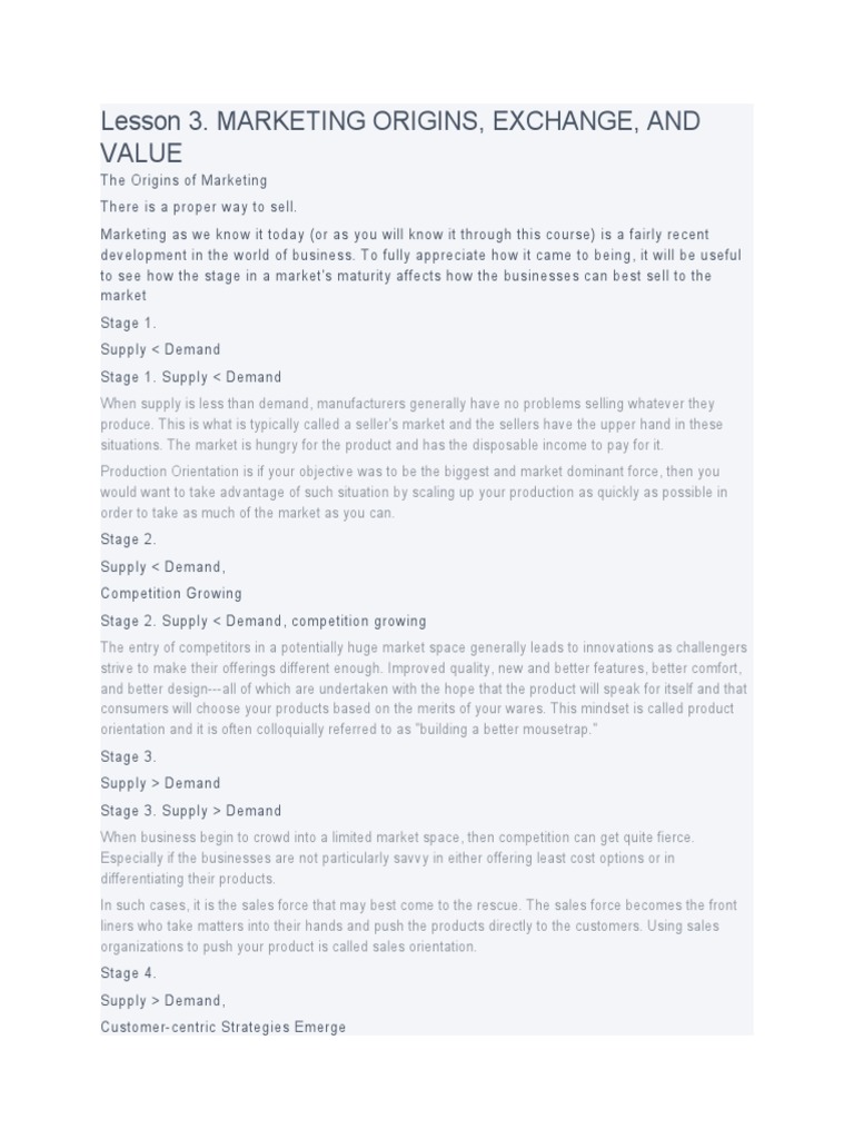 Lesson 3. Marketing Origins, Exchange, and Value | PDF | Value ...