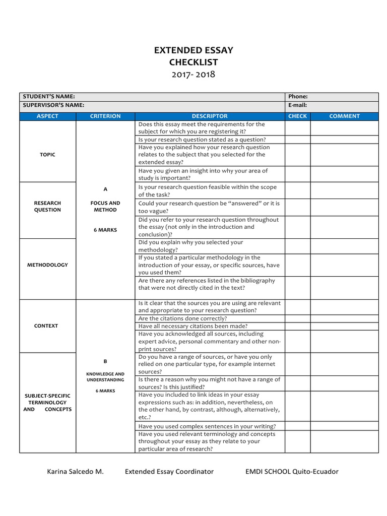 Extended Essay Checklist: Aspect Criterion Descriptor Check Comment ...