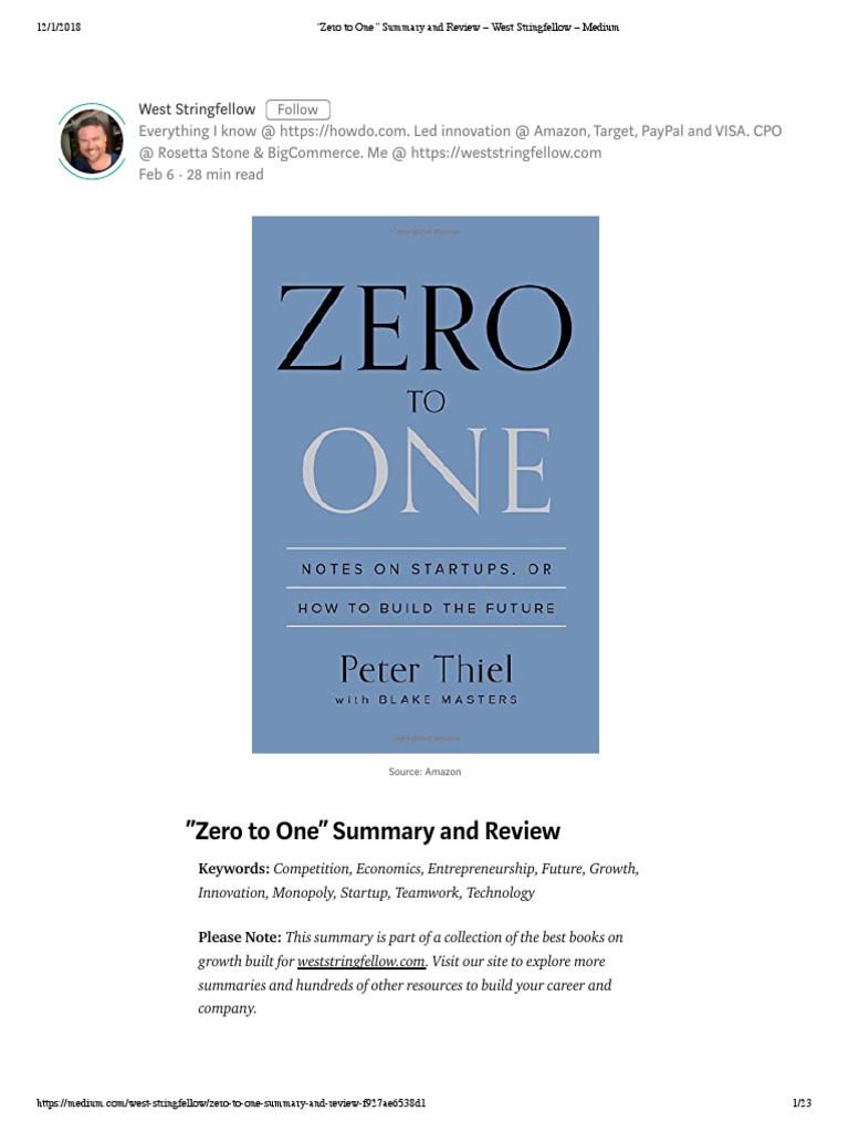 "Zero To One" Summary and Review - West Stringfellow - Medium | PDF ...
