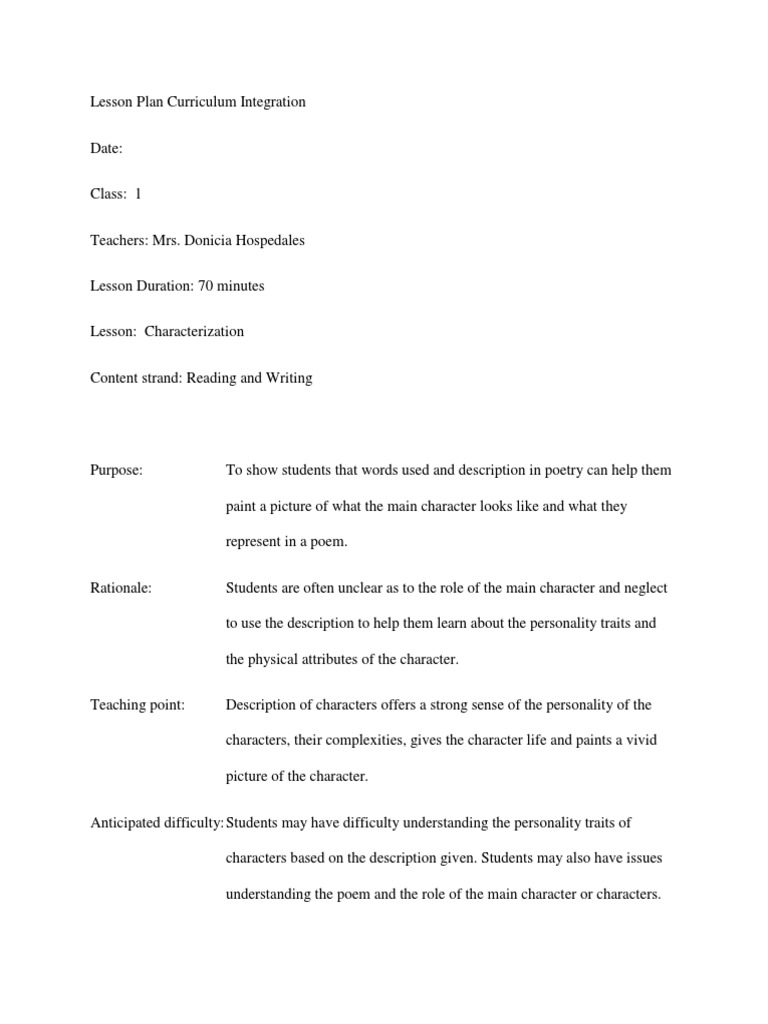 Lesson Plan Curriculum Integration | PDF | Lesson Plan | Poetry