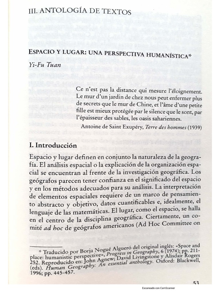 Espacio y Lugar. Yi-Fu Tuan PDF | PDF