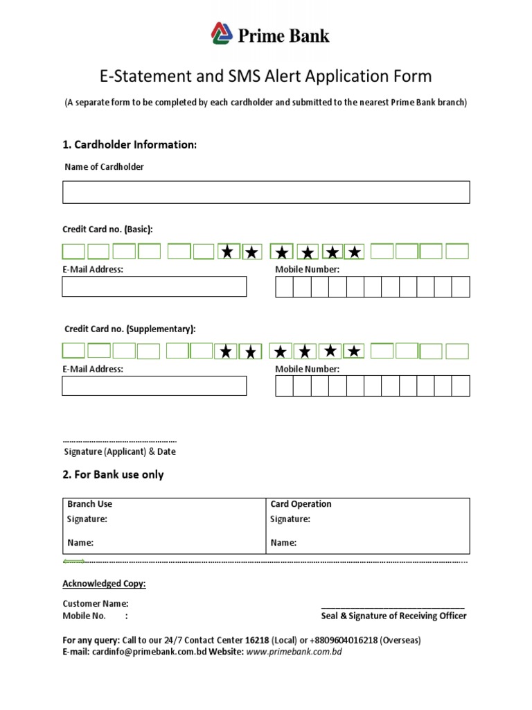 Prime Bank SMS Alert Application Form | PDF