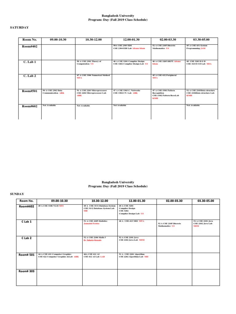 Day - Class Routine - CSE - Fall2019 | PDF | Computer Engineering ...