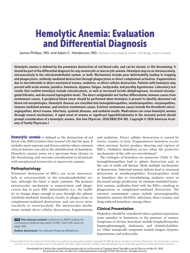 Hemolytic Anemia - Evaluation and Differential Diagnosis | PDF | Anemia ...