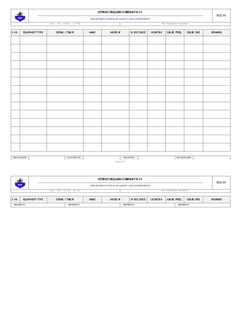09 - FO - HSE Equipment Register | PDF