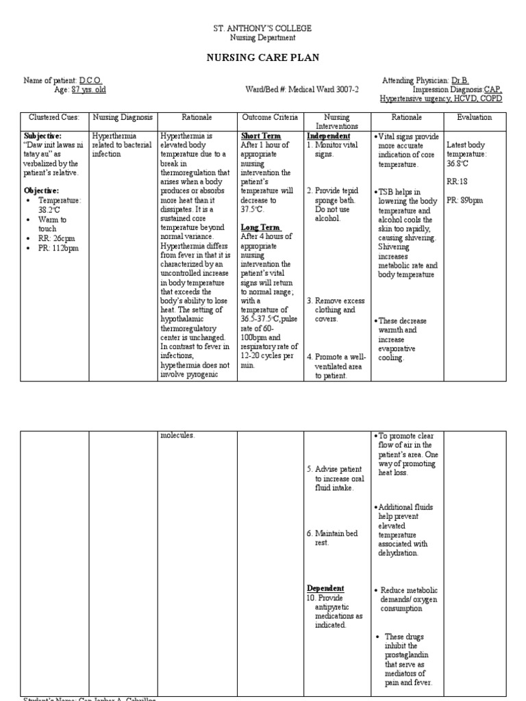 Nursing Care Plan: Subjective: Short Term Independent | PDF | Fever ...