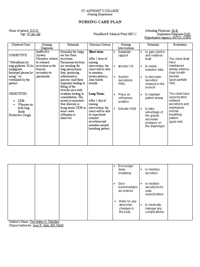 Nursing Care Plan: Short Term | PDF | Respiratory Tract | Lung