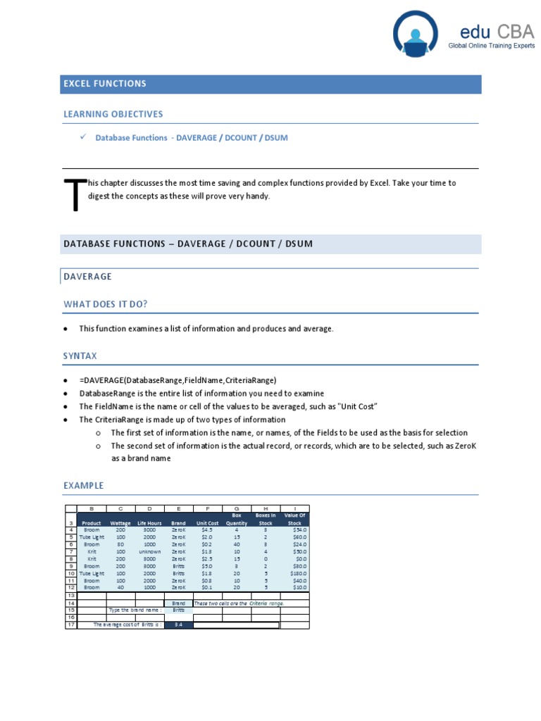 Database Functions Dsum Daverage Dcount Pdf Pdf Computing Computing And Information