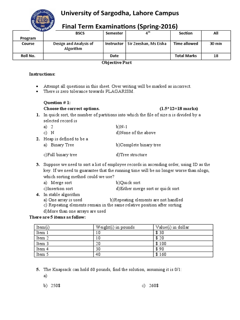 University of Sargodha, Lahore Campus Final Term Examinations (Spring ...