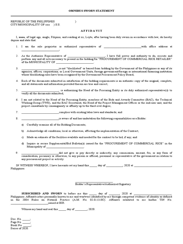 Omnibus Sworn Statement: Affidavit of Sole Proprietorship and ...