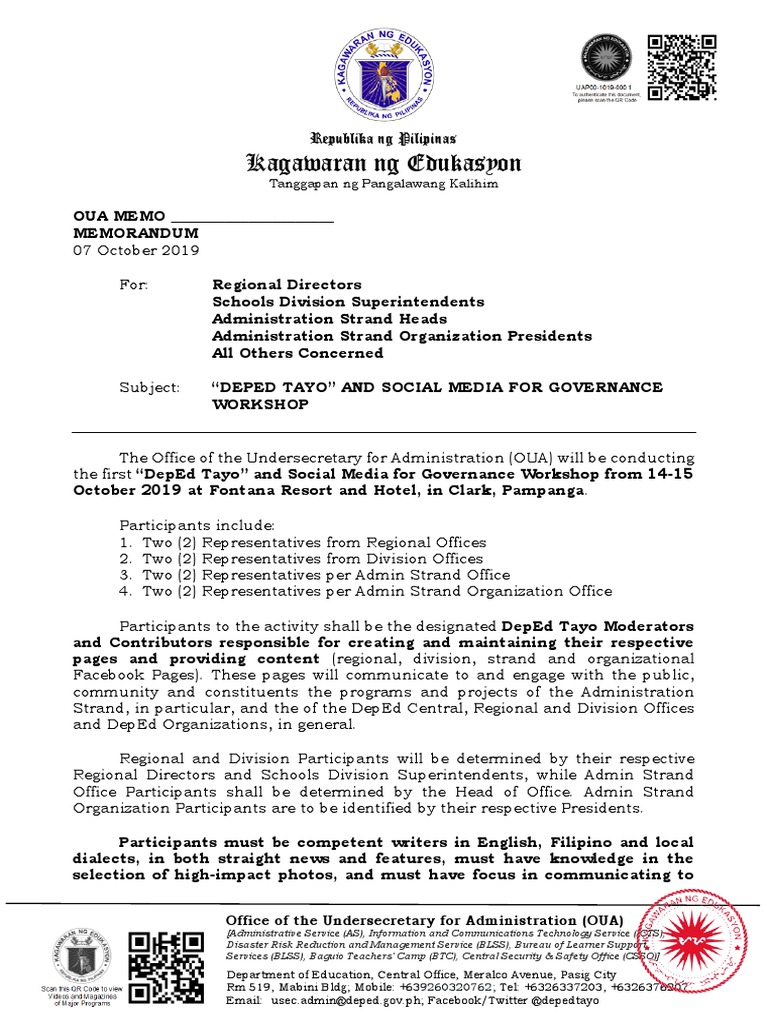 Memo DepEd Tayo Workshop | PDF | Communication | Business