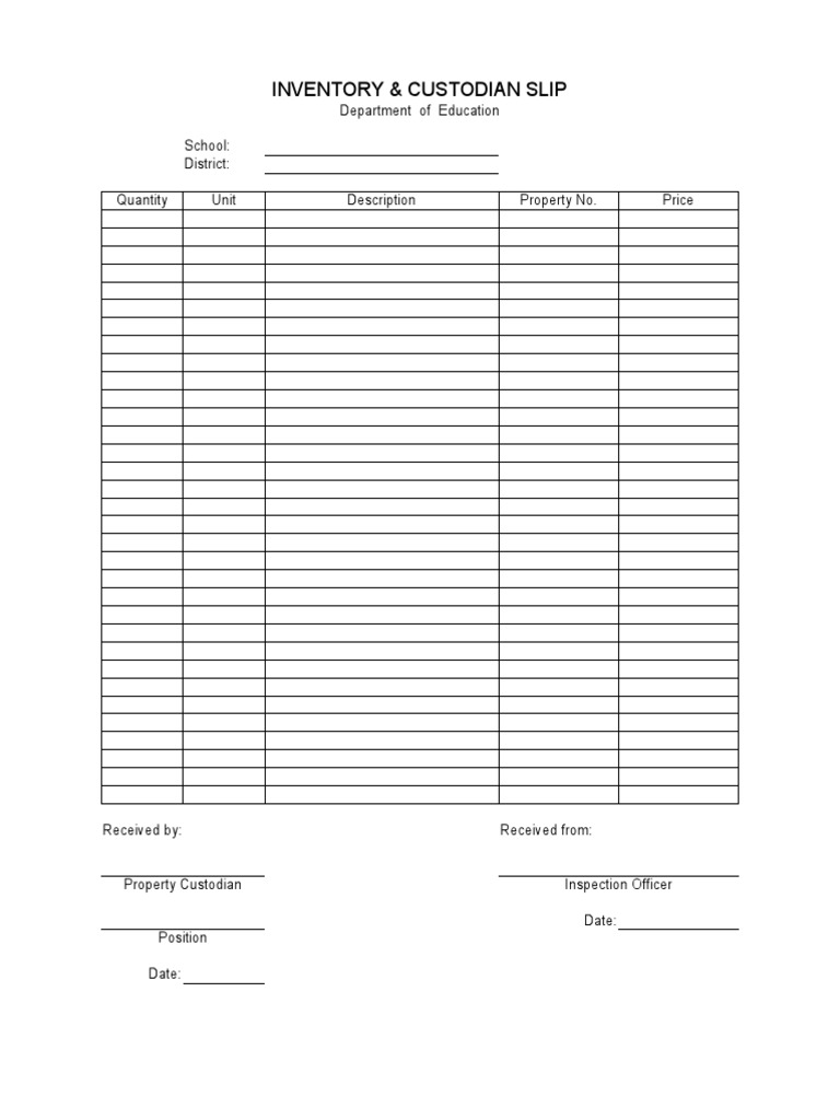 Inventory and Custodian Slip Template | PDF