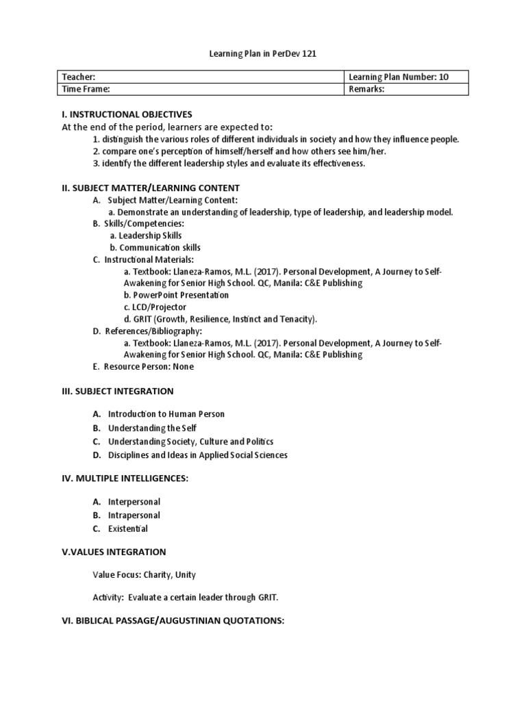 PerDev SHS Learning Plan Lesson 10 | PDF | Servant Leadership | Leadership