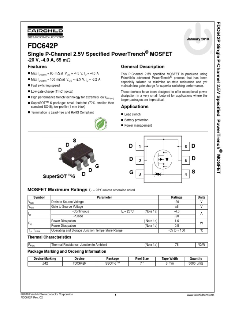 Fdc642P: Single P-Channel 2.5V Specified Powertrench Mosfet | PDF | Field Effect Transistor | Mosfet