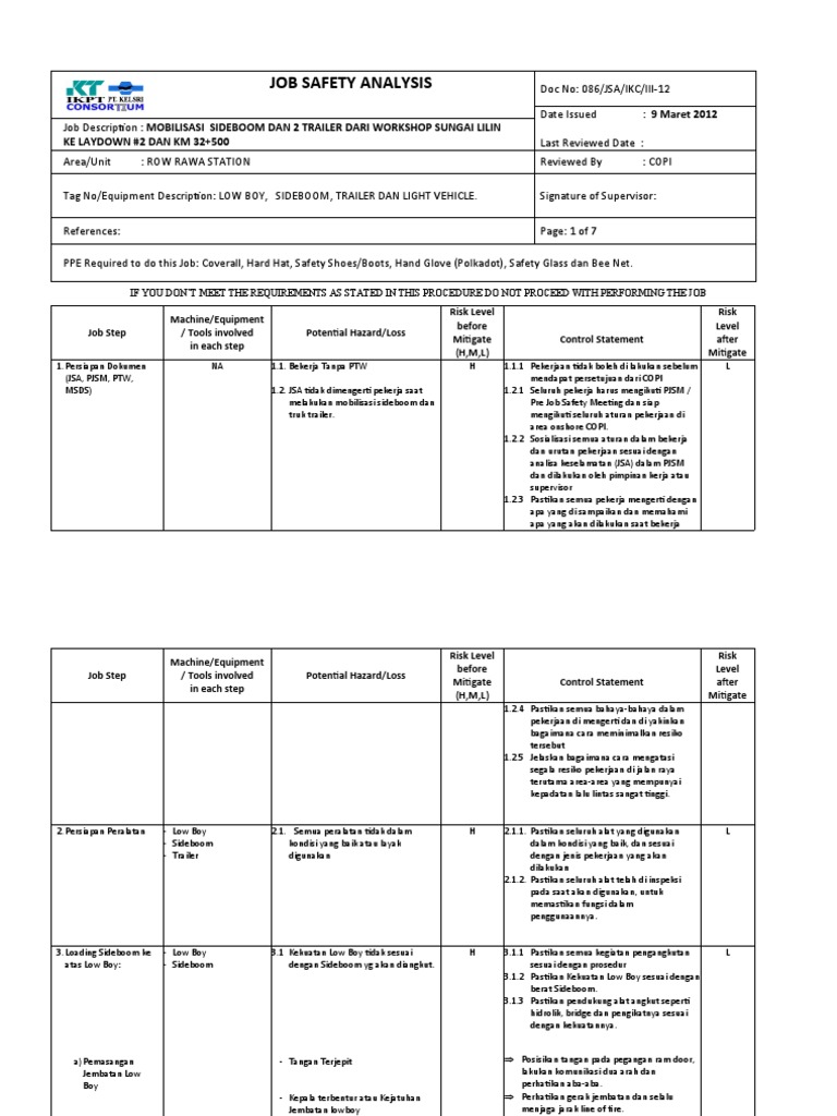 086e Jsa Mobilisasi Sideboom Workshop To LD | PDF