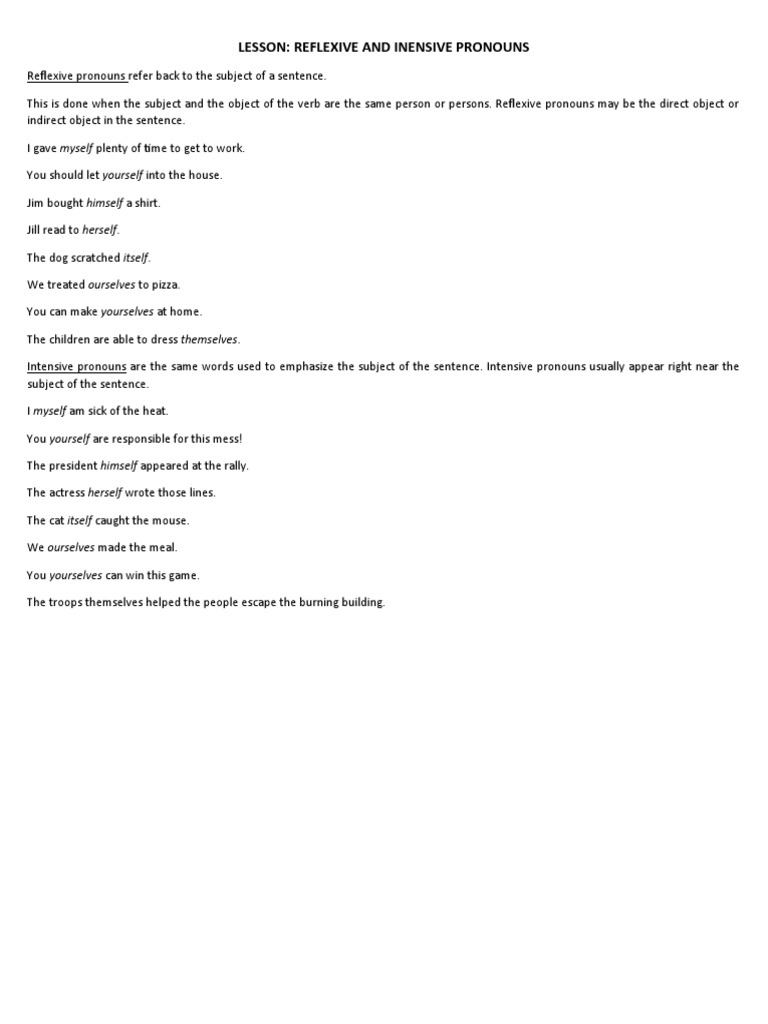 Lesson (Reflexive and Intensive Pronouns) | PDF