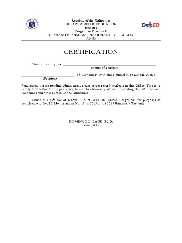Certification of No Pending Administrative Case | PDF