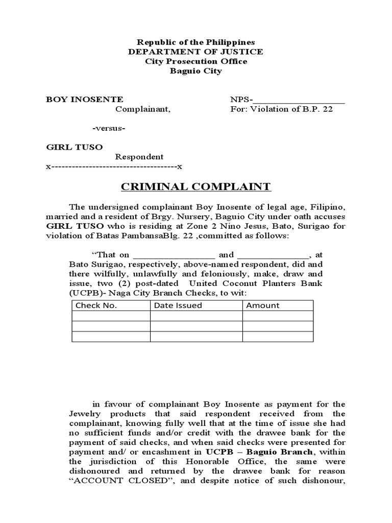 Criminal Complaint: Republic of The Philippines Department of Justice ...