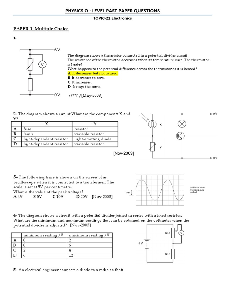 Level Past Paper Questions - Physics O: TOPIC-22 Electronics PAPER-1 ...