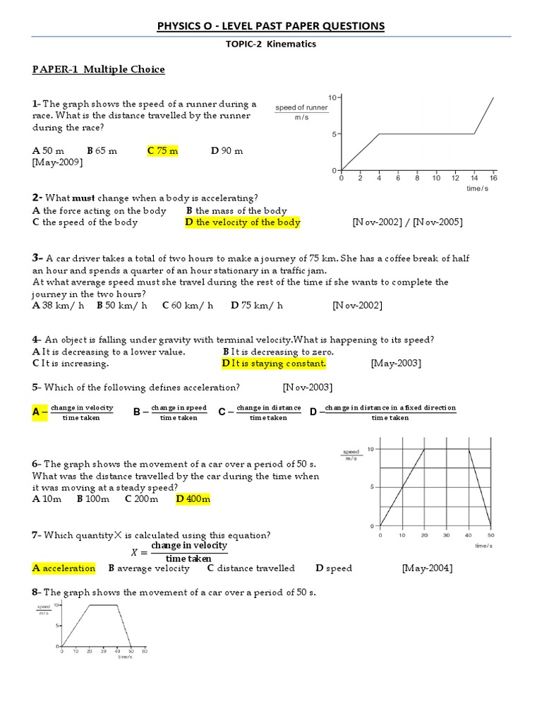 Level Past Paper Questions Physics O Topic 2 Kinematics Paper 1