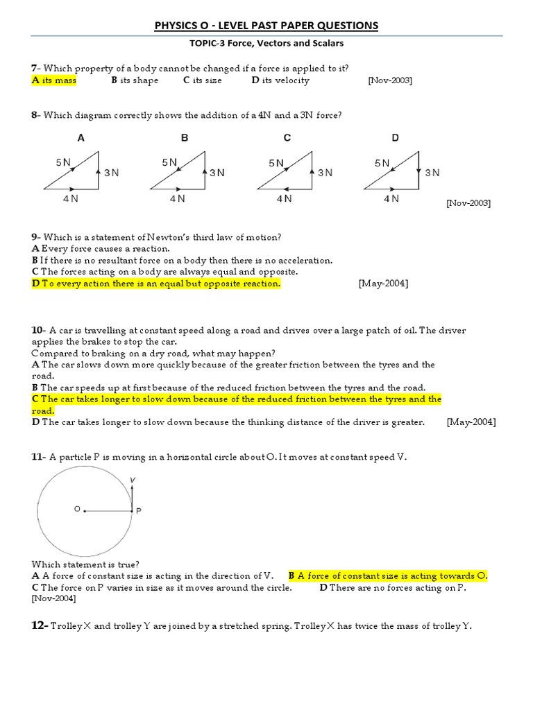 Level Past Paper Questions - Physics O: TOPIC-3 Force, Vectors and ...