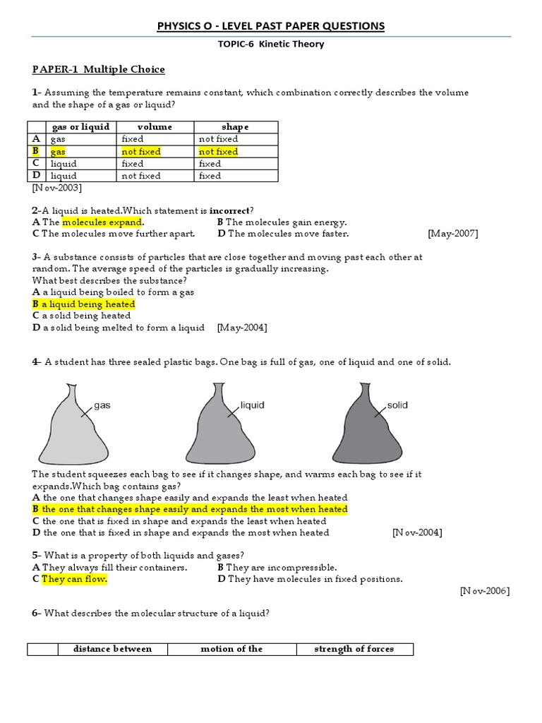 Level Past Paper Questions - Physics O: TOPIC-6 Kinetic Theory PAPER-1 ...