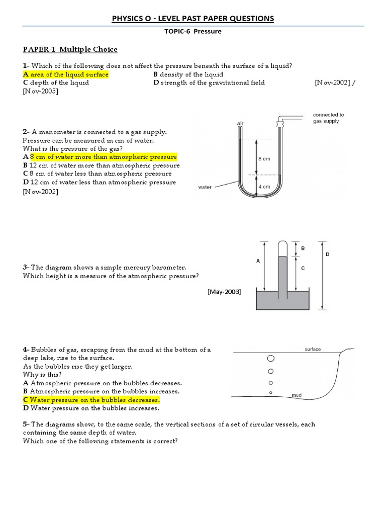Level Past Paper Questions - Physics O: TOPIC-6 Pressure PAPER-1 ...