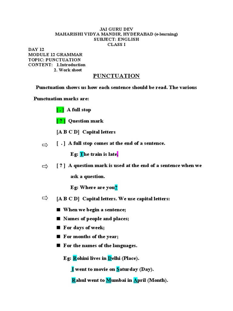 Class 1 English Day 12 Module 12 - (Punctuation) Grammar | PDF ...