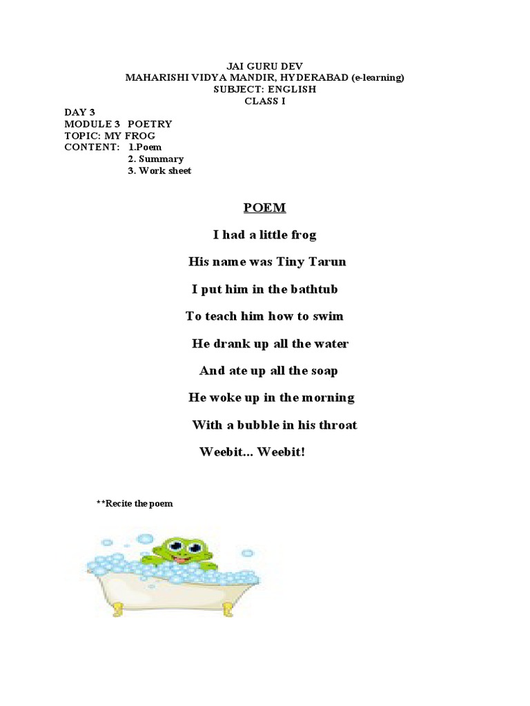 Poetry Lesson: My Frog for Class 1 | PDF | Nature
