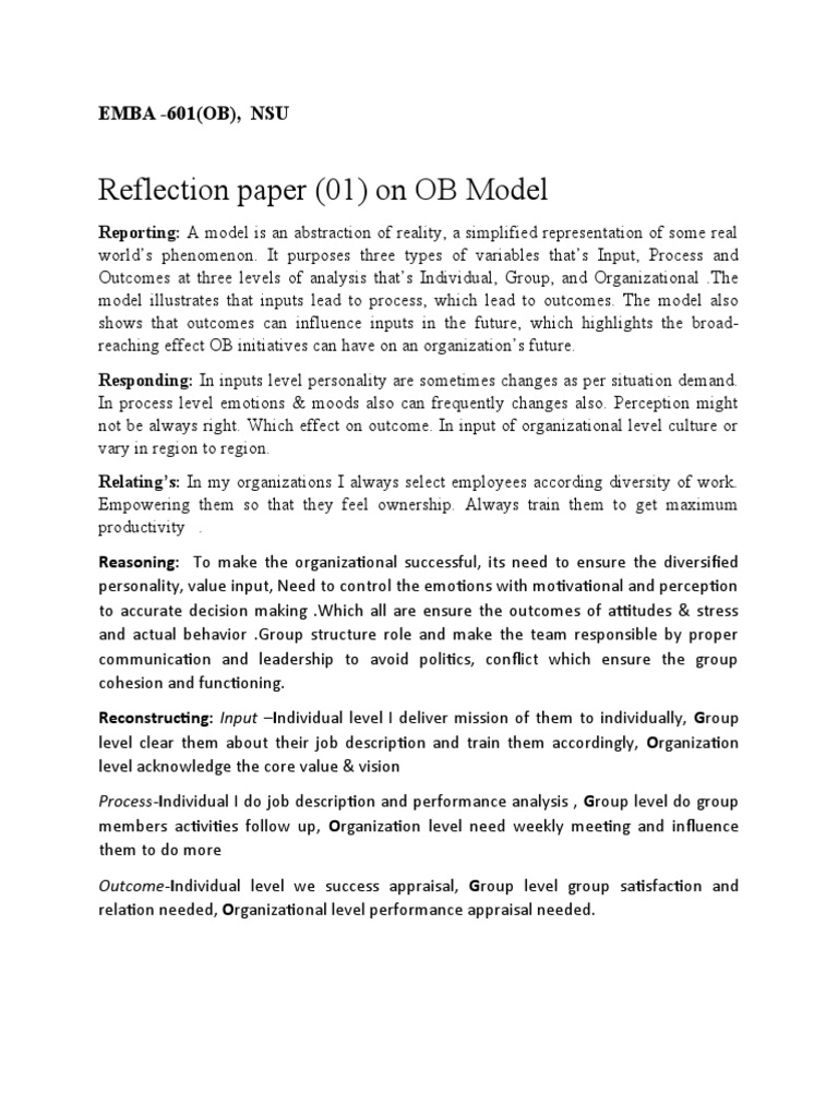 OB Model Reflection Paper Insights | PDF | Self-Improvement | Science ...