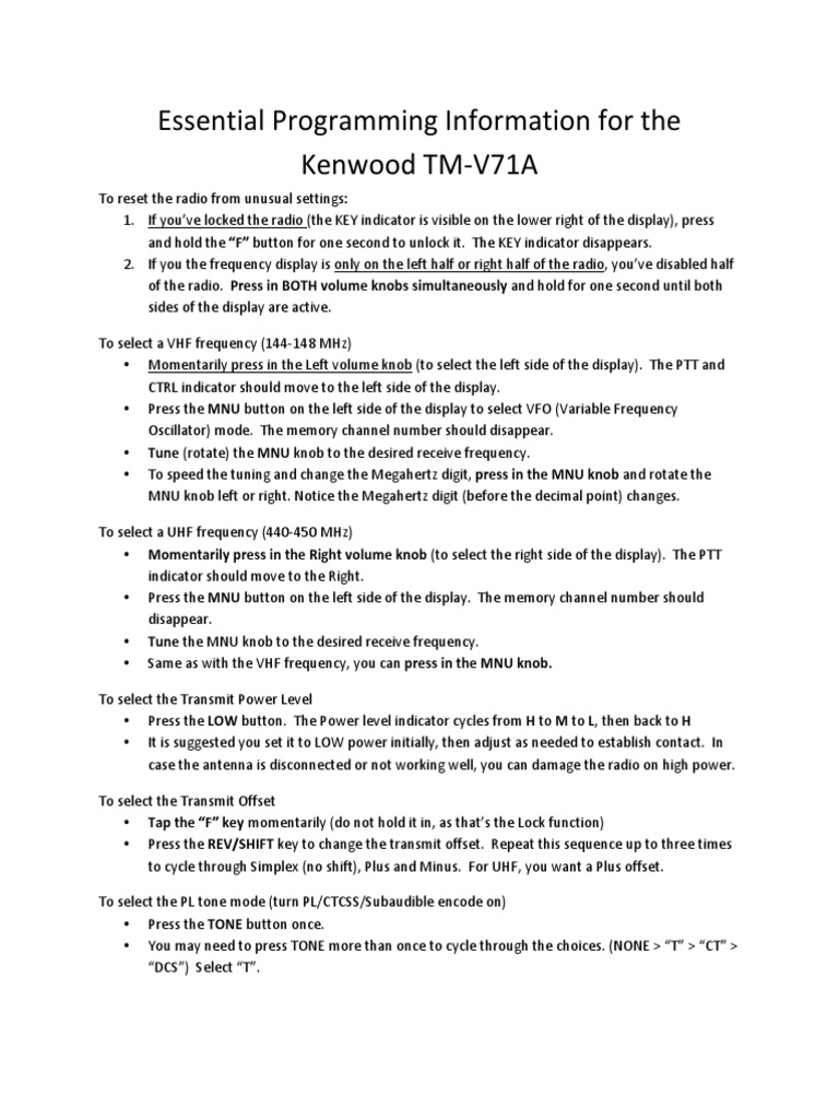 Kenwood TM v71 Programming Guide | PDF | Radio | Electronic Engineering