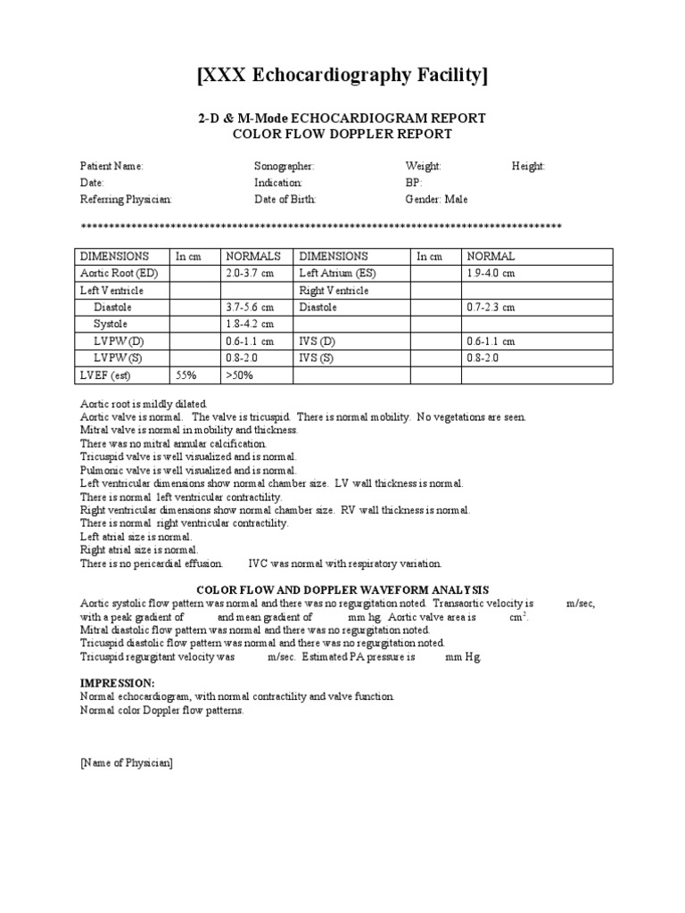 (XXX Echocardiography Facility) : 2-D & M-Mode Echocardiogram Report ...