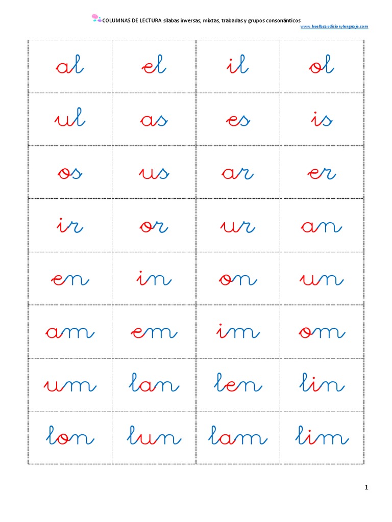Columnas de Sílabas Inversas, Mixtas, Trabadas y Grupos Consonánticos | PDF