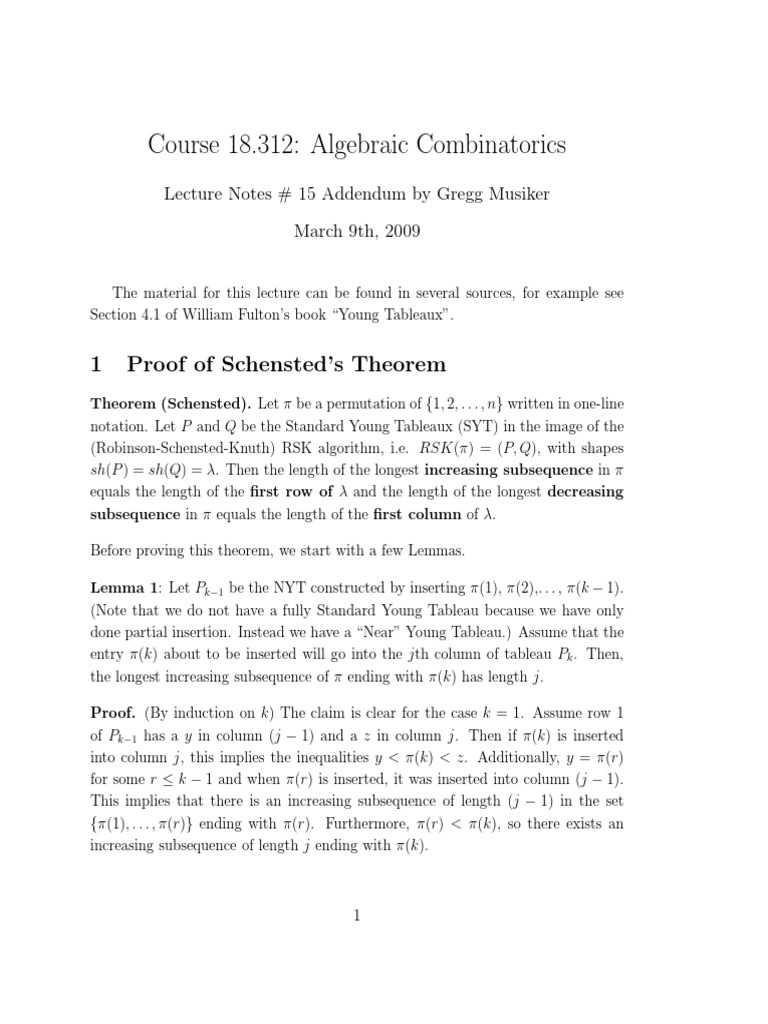 Course 18.312: Algebraic Combinatorics: 1 Proof of Schensted's Theorem ...