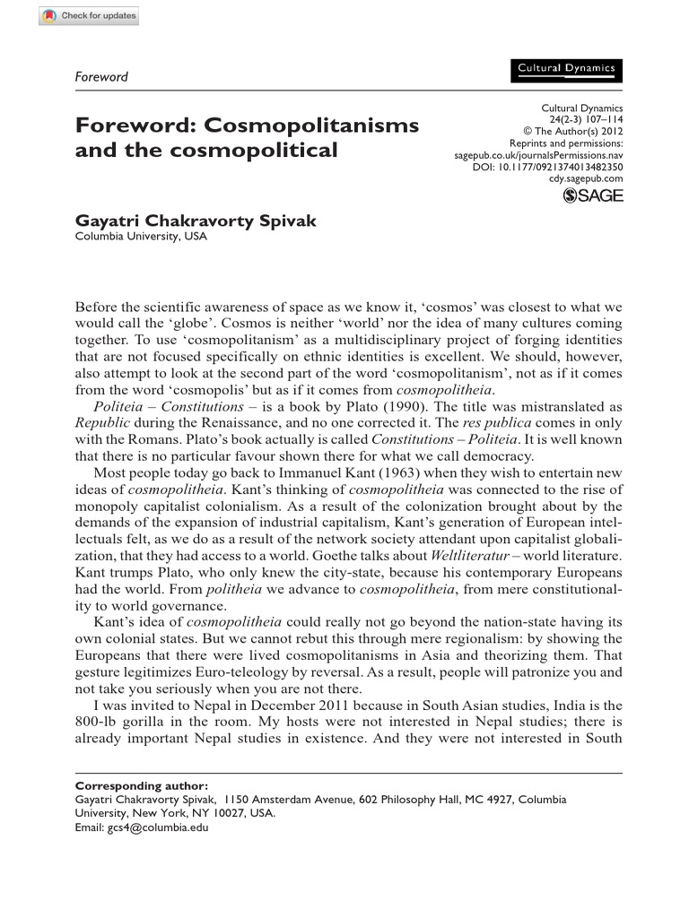 Spivak Cosmopolitanisms | PDF | Cosmopolitanism | Colonialism