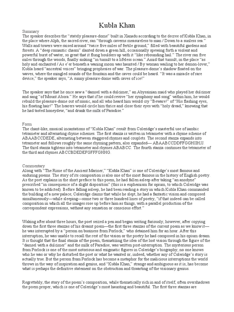 Kubla Khan: Coleridge's Visionary Poem of Xanadu | PDF | Poetry