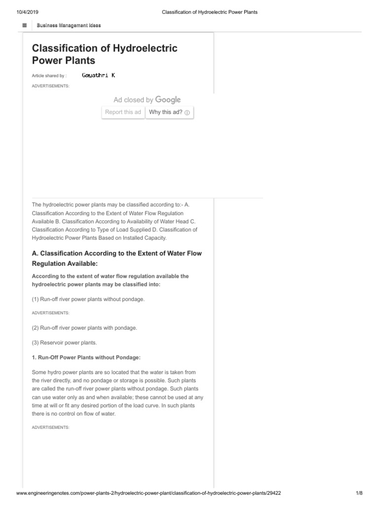 Classification of Hydroelectric Power Plants | PDF | Hydroelectricity ...