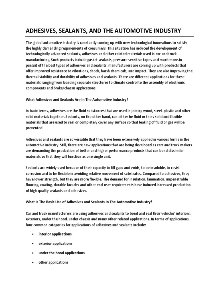 Adhesives, Sealants, and The Automotive Industry | PDF | Adhesive | Epoxy