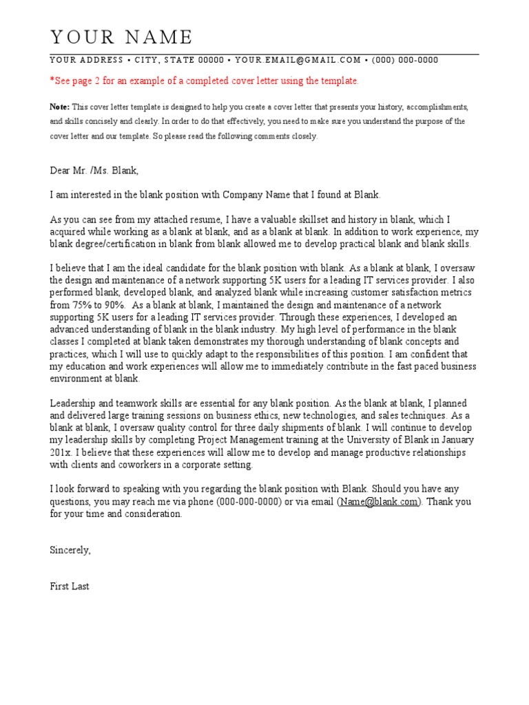 Your Name: See Page 2 For An Example of A Completed Cover Letter Using ...