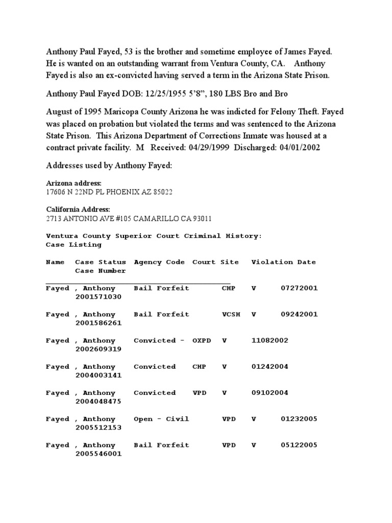 Anthony Fayed Criminal Record Summary | PDF | Probation | Arizona