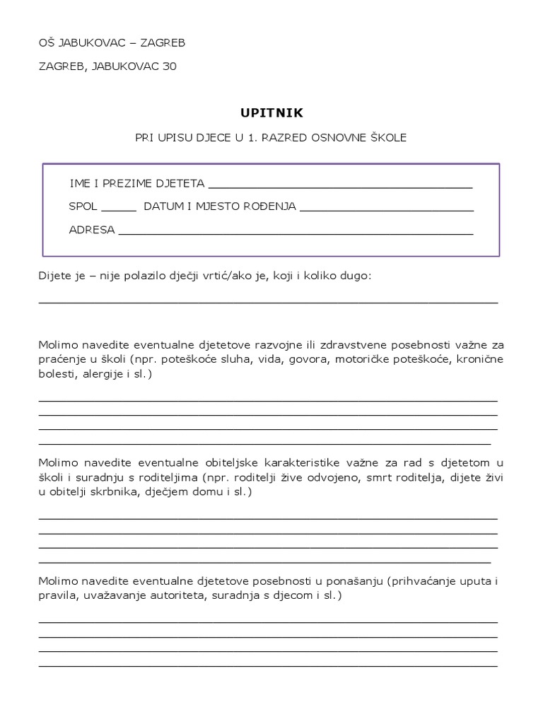 Upitnik Pri Upisu U Prvi Razred Za Roditelje PDF | PDF