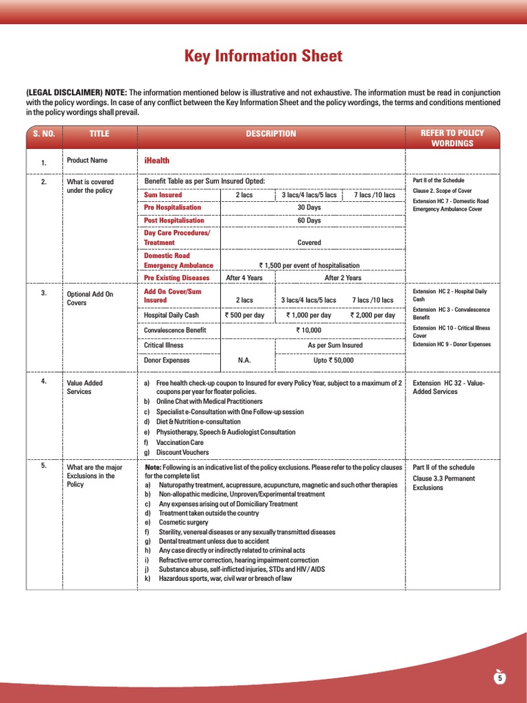 Key Information Sheet: Ihealth | PDF | Insurance | Hospital
