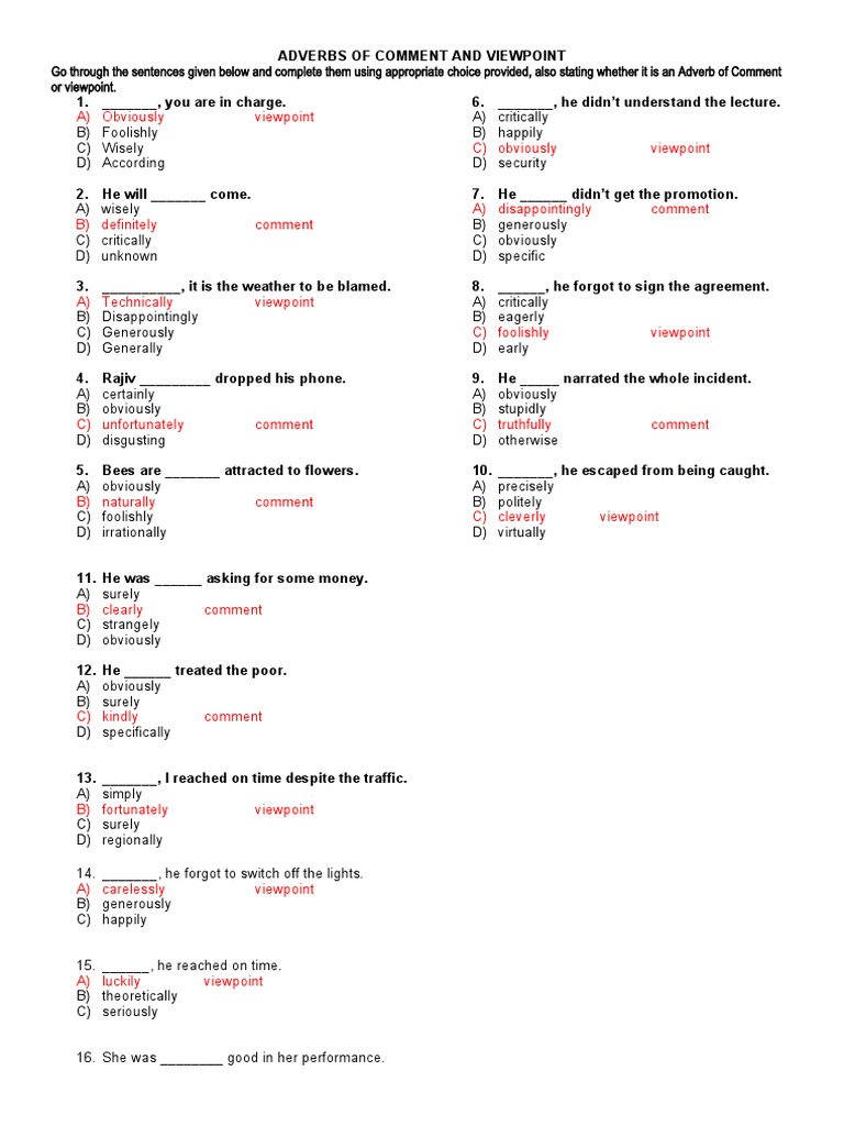 Adverbs of Comment and Viewpoint | PDF