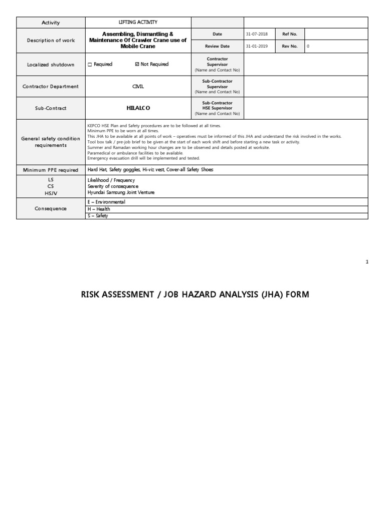 NEW Form JHA-Assembling & Dismatling of Crawler Crane-Final | PDF ...