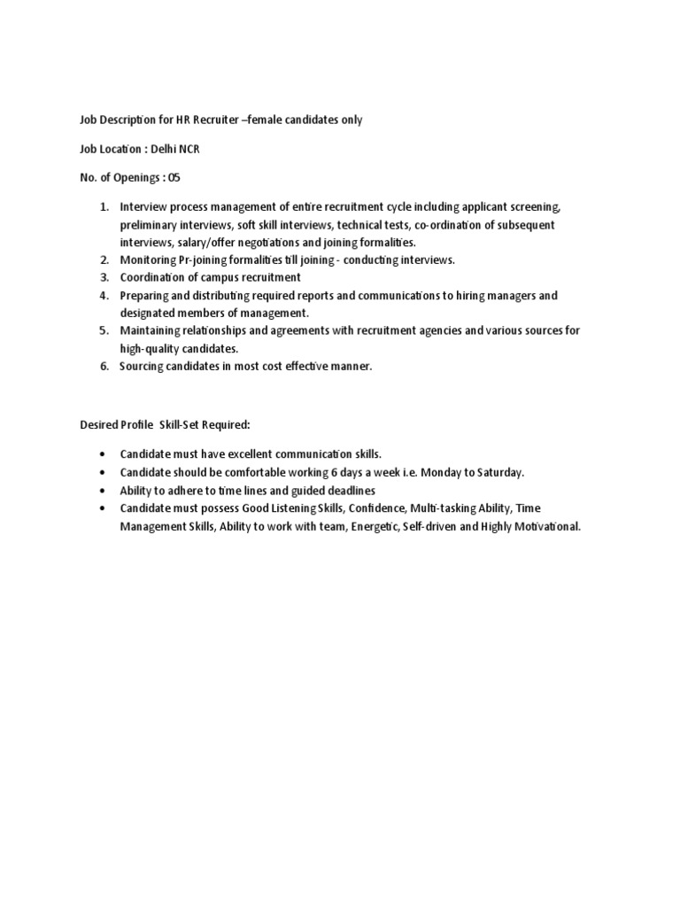 Job Description For HR Recruiter | PDF