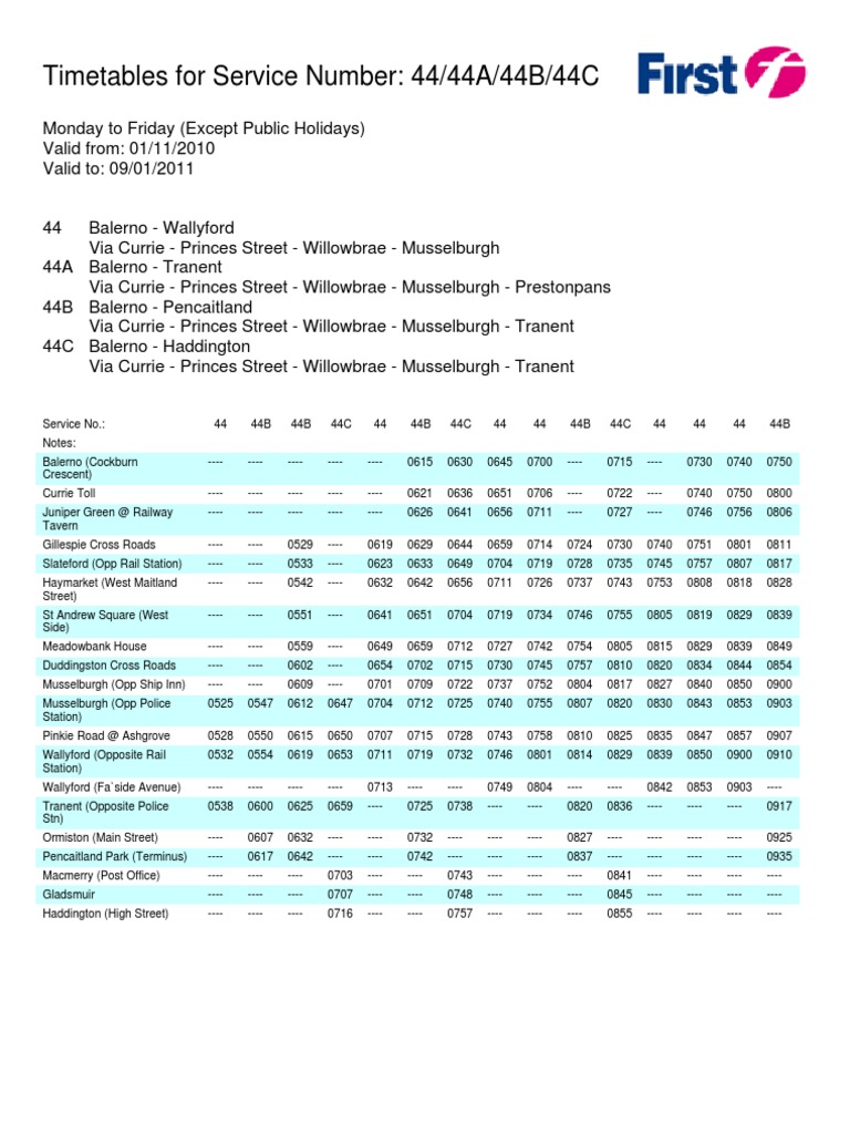 Timetables For Service Number: 44/44A/44B/44C | PDF | Transport