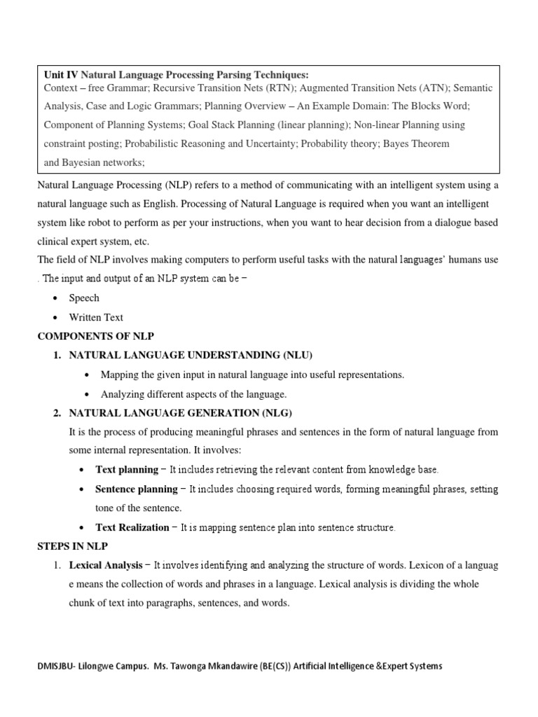 Natural Language Processing Parsing Techniques:: Unit IV | PDF ...